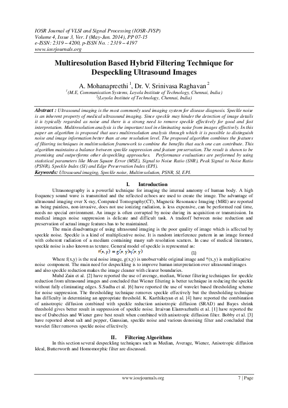 (PDF) Multiresolution Based Hybrid Filtering Technique for Despeckling Ultrasound Images