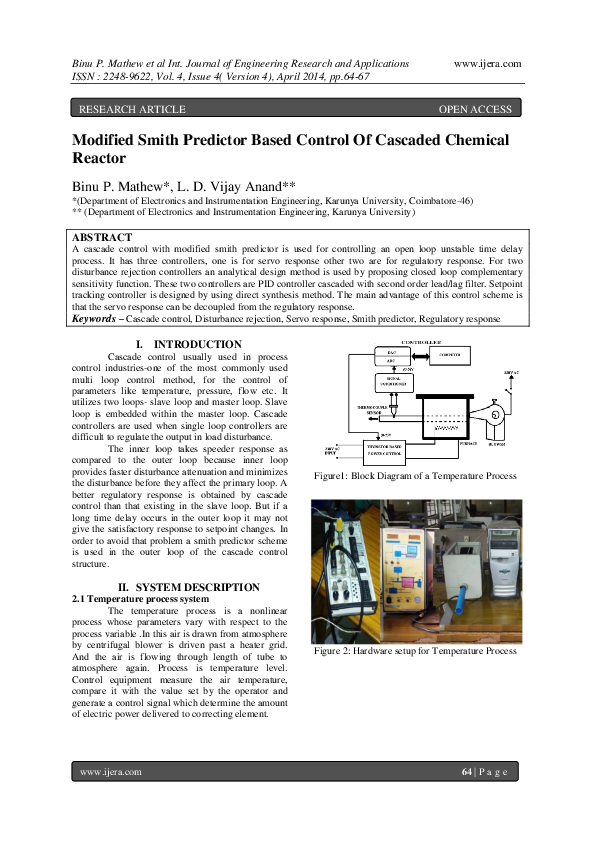 (PDF) Modified Smith Predictor Based Control Of Cascaded Chemical Reactor