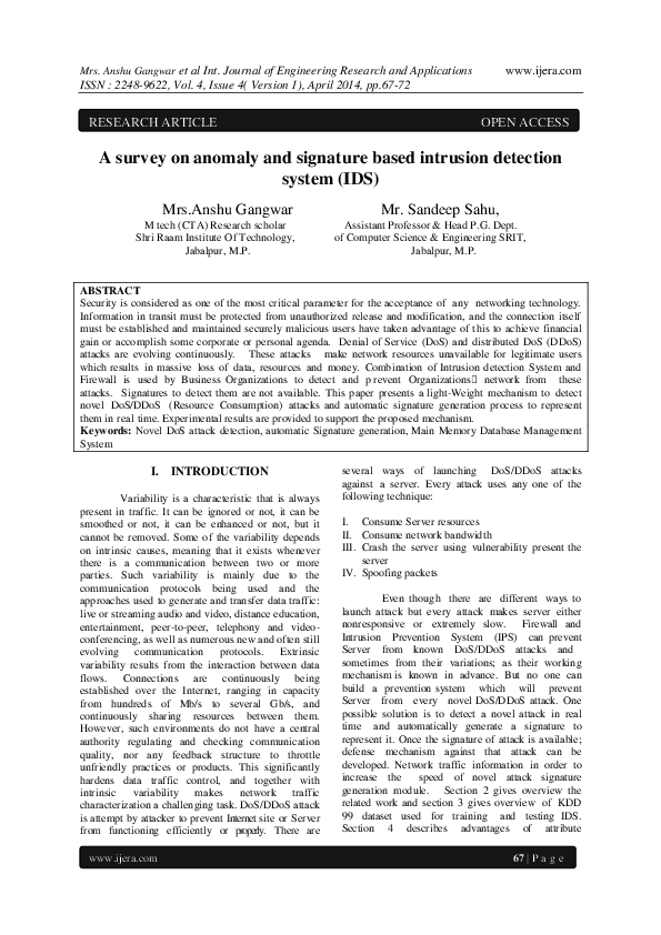 Pdf A Survey On Anomaly And Signature Based Intrusion Detection System Ids 1168