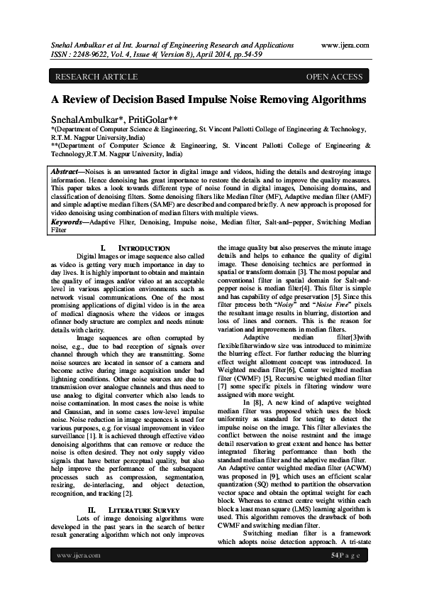 Pdf A Review Of Decision Based Impulse Noise Removing Algorithms
