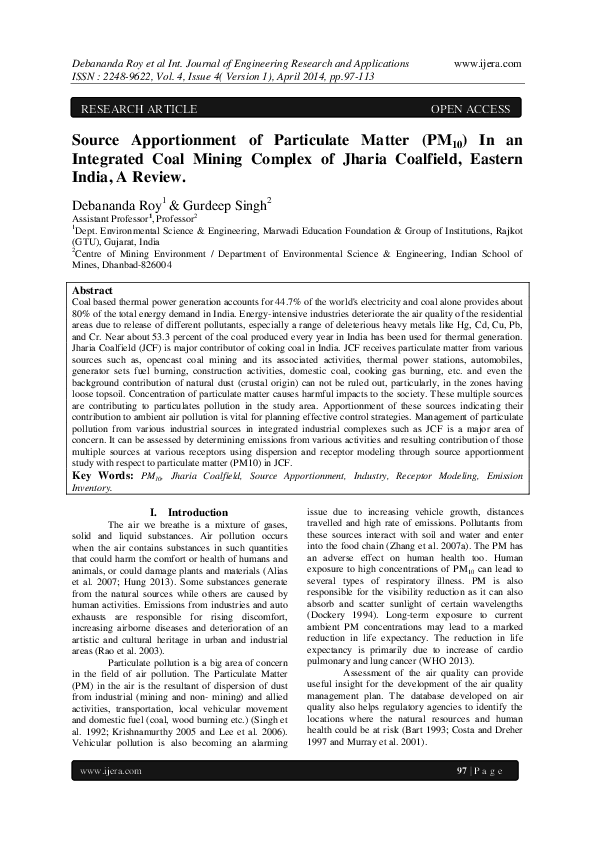(PDF) Source Apportionment of Particulate Matter (PM 10 ) In an Integrated Coal Mining Complex ...