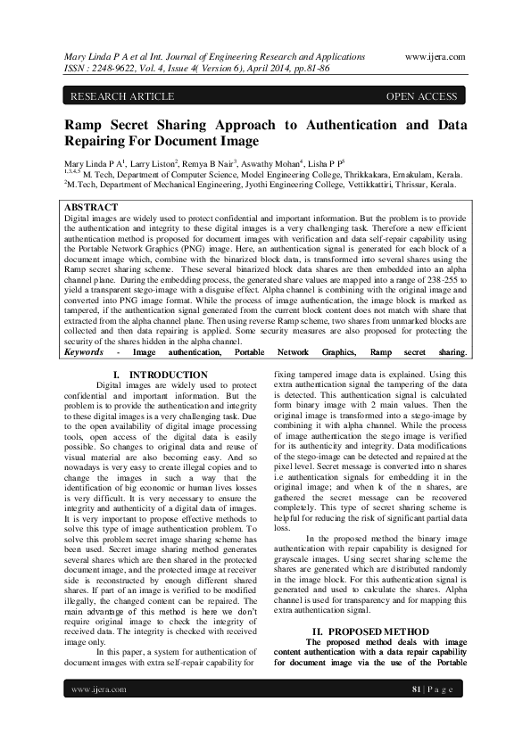 (PDF) Ramp Secret Sharing Approach to Authentication and Data Repairing For Document Image