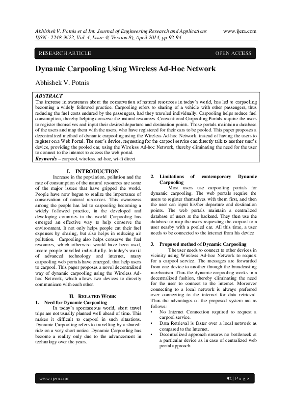 (PDF) Dynamic Carpooling Using Wireless Ad-Hoc Network