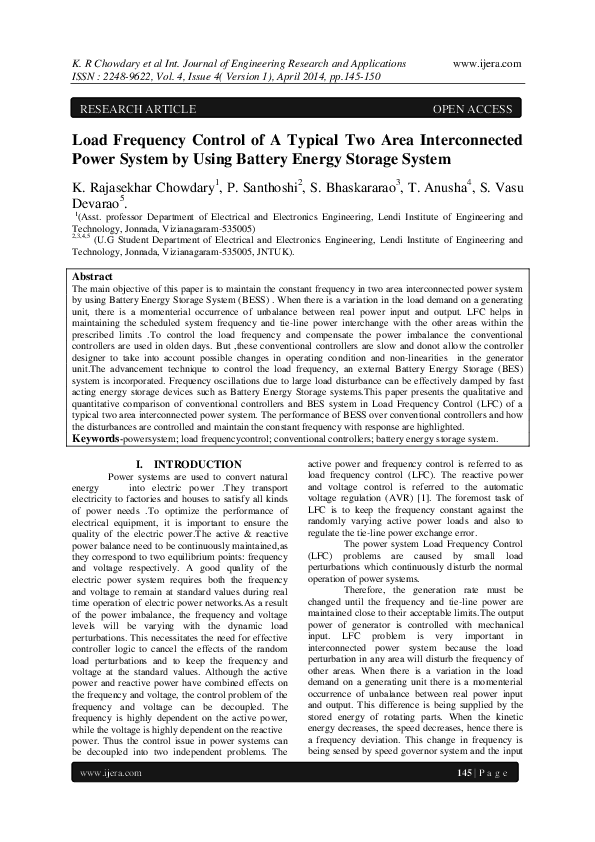 Pdf Load Frequency Control Of A Typical Two Area Interconnected Power System By Using Battery