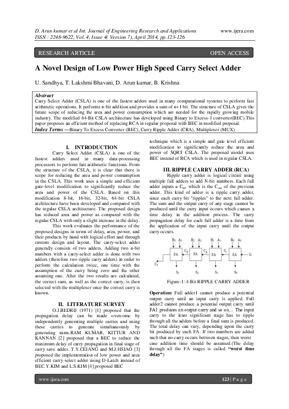 (PDF) A Novel Design of Low Power High Speed Carry Select Adder