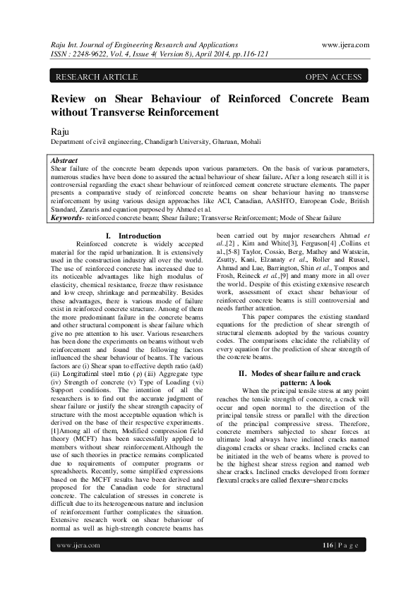 Pdf Review On Shear Behaviour Of Reinforced Concrete Beam Without Transverse Reinforcement