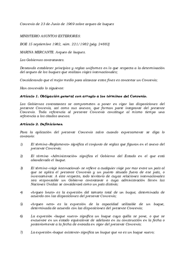 (PDF) Convenio de 23 de Junio de 1969 sobre arqueo de buques MINISTERIO ASUNTOS EXTERIORES