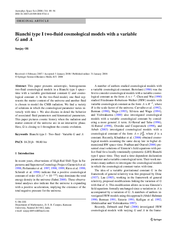 (PDF) Bianchi type I two-fluid cosmological models with a variable G and