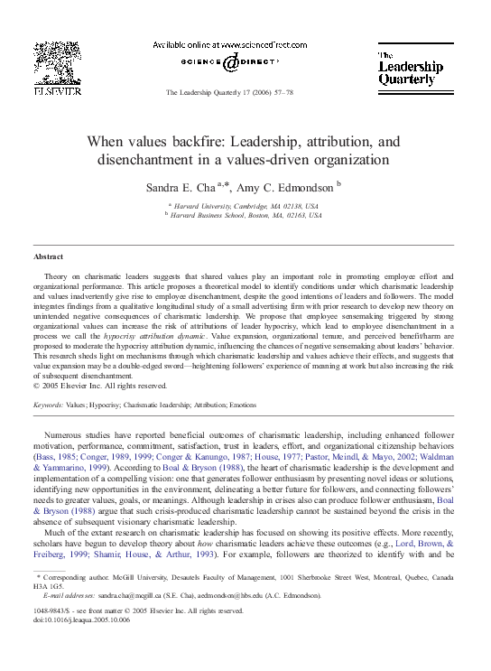 (PDF) When values backfire: Leadership, attribution, and disenchantment ...