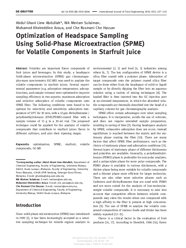 (PDF) Optimization of Headspace Sampling Using Solid-Phase Microextraction (SPME) for Volatile ...