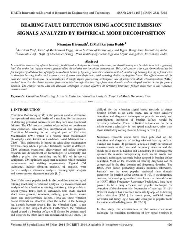 (PDF) BEARING FAULT DETECTION USING ACOUSTIC EMISSION SIGNALS ANALYZED BY EMPIRICAL MODE ...