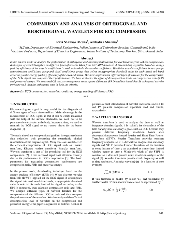 Pdf Comparison And Analysis Of Orthogonal And Biorthogonal Wavelets For Ecg Comprssion