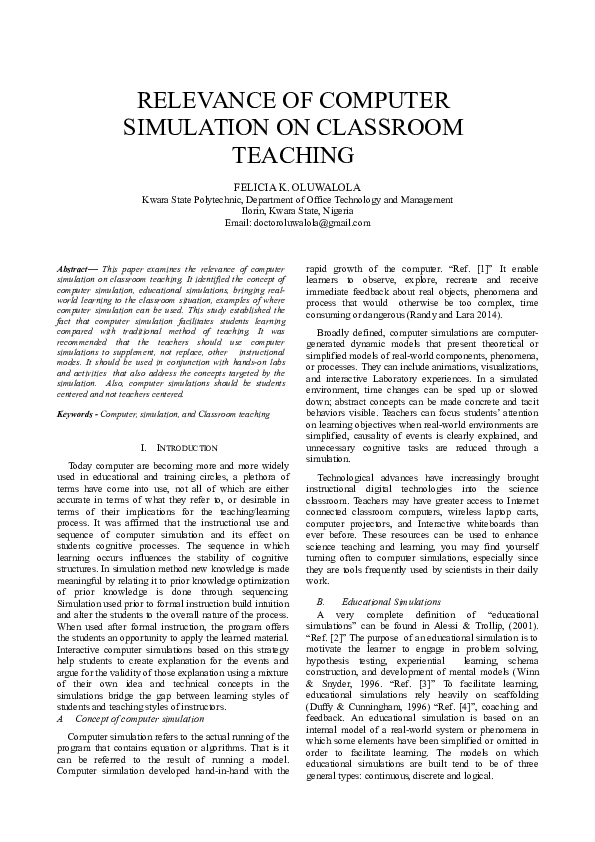 Doc Relevance Of Computer Simulation On Classroom Teaching 