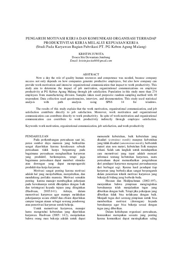 (PDF) PENGARUH MOTIVASI KERJA DAN KOMUNIKASI ORGANISASI TERHADAP PRODUKTIVITAS KERJA MELALUI ...