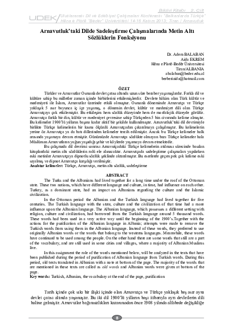 (PDF) Arnavutluk‟taki Dilde Sadeleştirme Çalışmalarında Metin Altı ...
