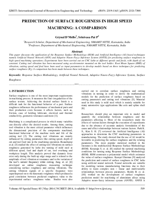 Pdf Prediction Of Surface Roughness In High Speed Machining A Comparison