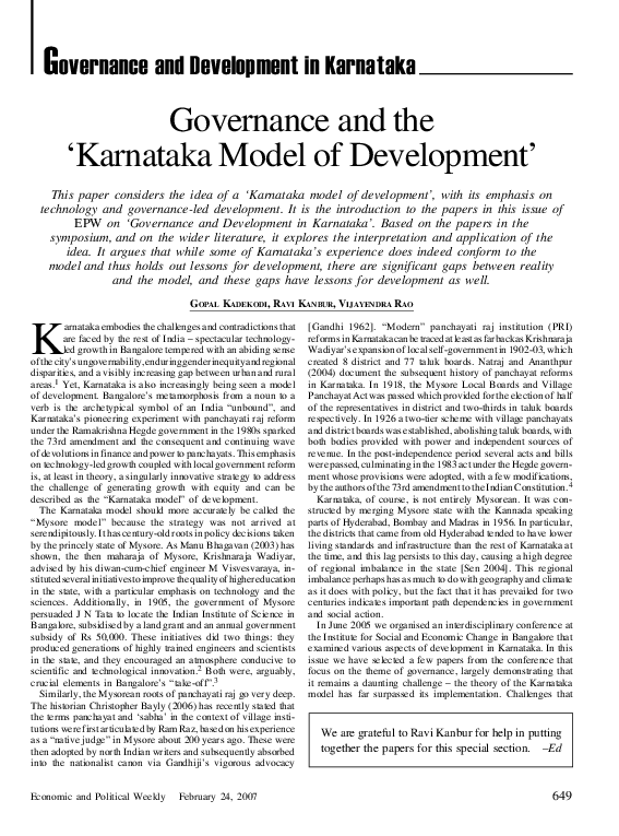 (PDF) Karnataka model of development-Ravi, Gopal, Rao