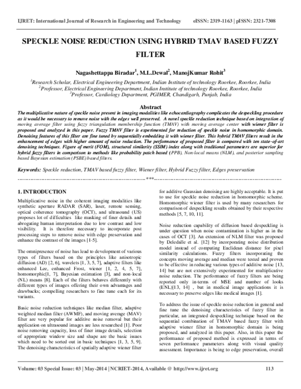 Pdf Speckle Noise Reduction Using Hybrid Tmav Based Fuzzy Filter