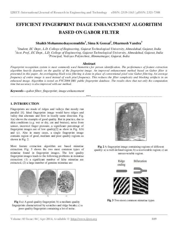 Pdf Efficient Fingerprint Image Enhancement Algorithm Based On Gabor Filter