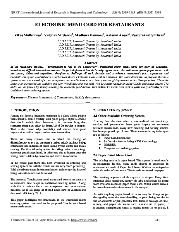 (PDF) ELECTRONIC MENU CARD FOR RESTAURANTS