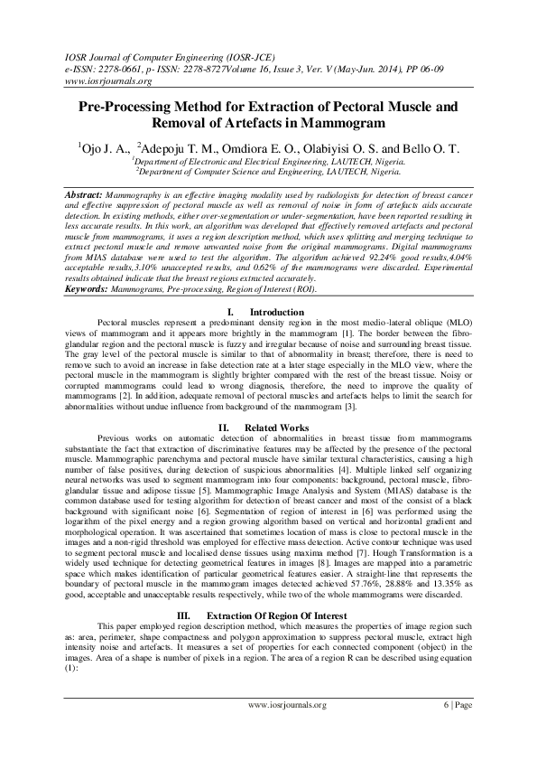 Pdf Pre Processing Method For Extraction Of Pectoral Muscle And Removal Of Artefacts In Mammogram