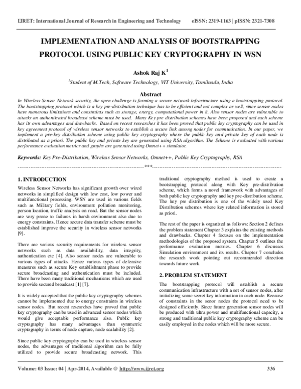 (PDF) IMPLEMENTATION AND ANALYSIS OF BOOTSTRAPPING PROTOCOL USING PUBLIC KEY CRYPTOGRAPHY IN WSN