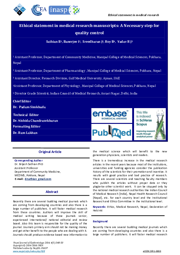 (PDF) Ethical statement in medical research manuscripts: A Necessary ...