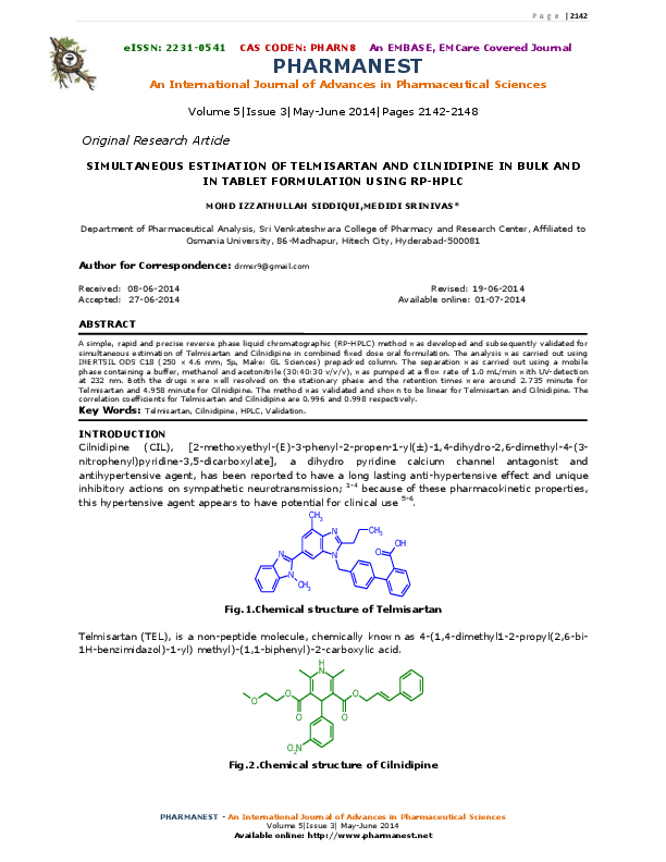 Pdf Simultaneous Estimation Of Telmisartan And Cilnidipine In Bulk And In Tablet Formulation