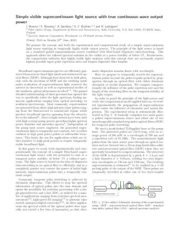 (PDF) Simple visible supercontinuum light source with true continuous-wave output power