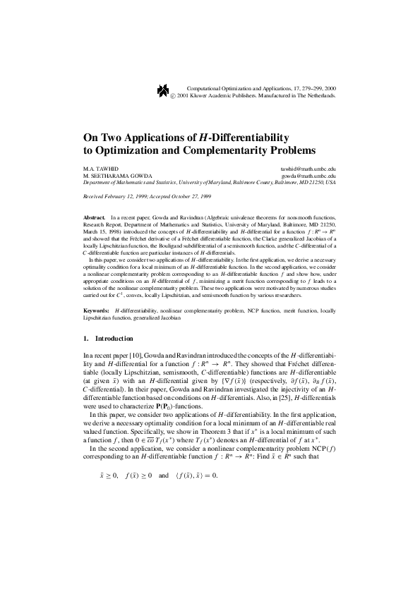 Pdf On Two Applications Of H Differentiability To Optimization And