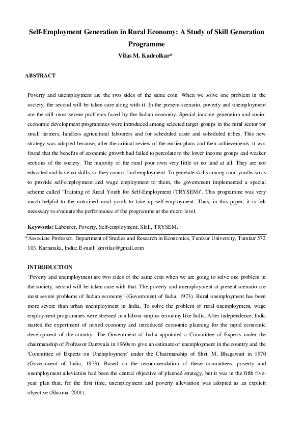 (PDF) Self-employment Generation in Rural Economy: A Study of Skill ...