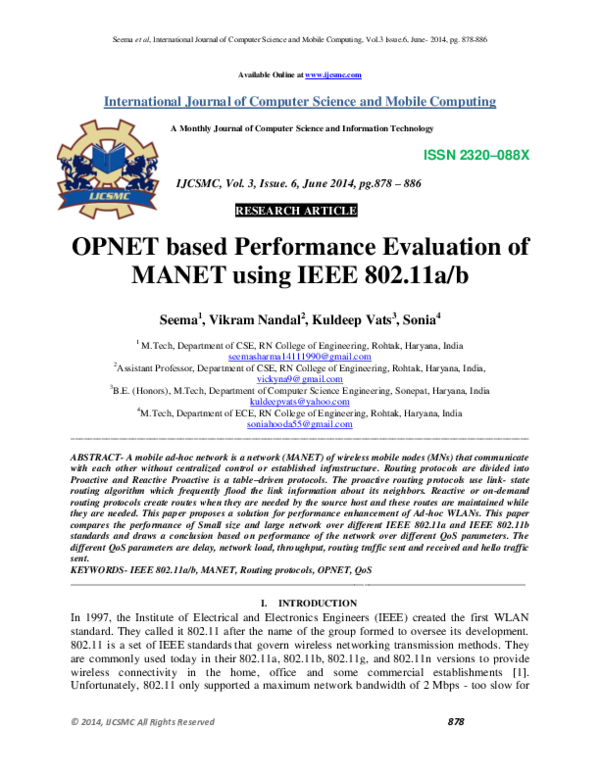 Pdf Opnet Based Performance Evaluation Of Manet Using Ieee 80211ab