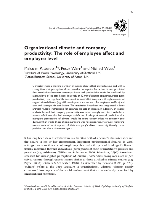 (PDF) Organizational climate and company productivity: The role of ...