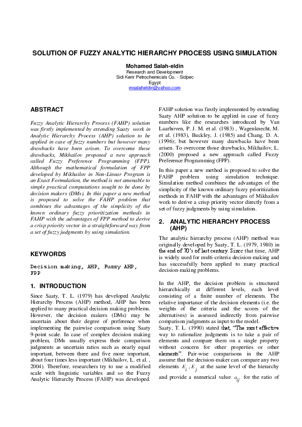 Pdf Solution Of Fuzzy Analytic Hierarchy Process Using Simulation