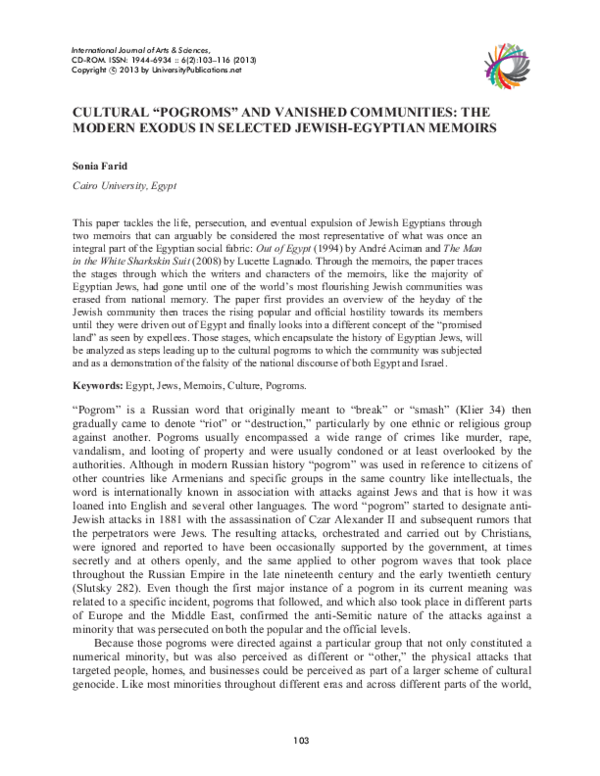 (PDF) Cultural “pogroms” and vanished communities: The modern exodus in ...