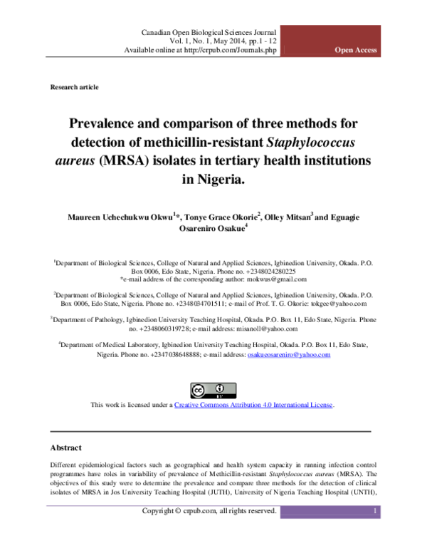 Pdf Prevalence And Comparison Of Three Methods For Detection Of