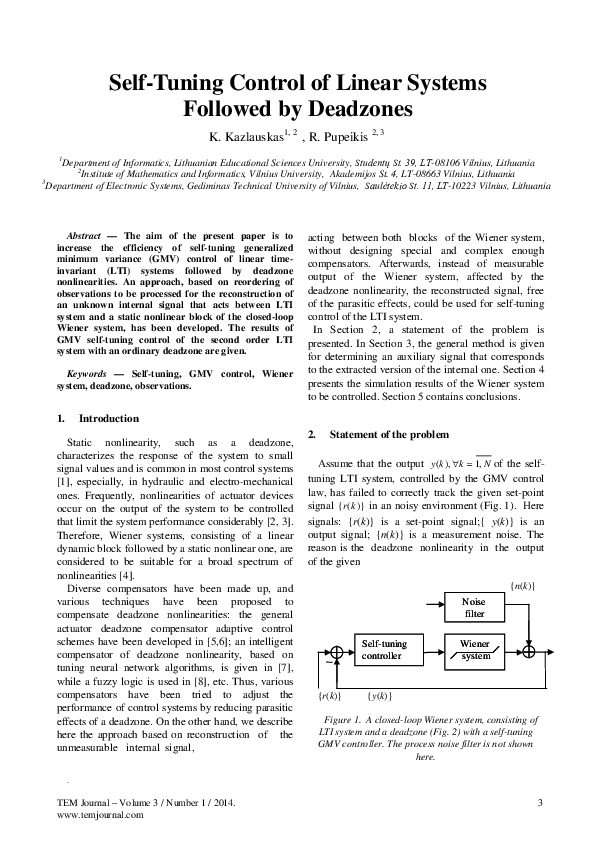(PDF) Self-Tuning Control of Linear Systems Followed by Deadzones