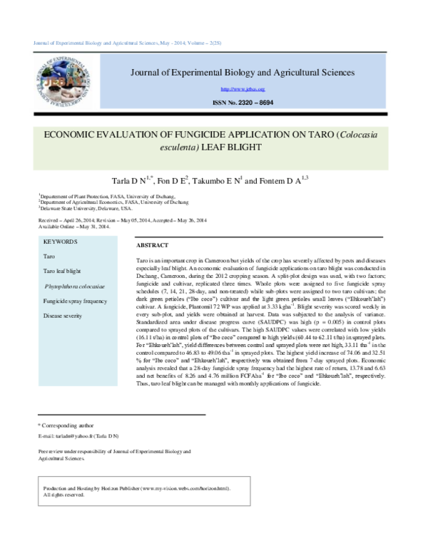 (PDF) Economic evaluation fungicide application on taro leaf blight
