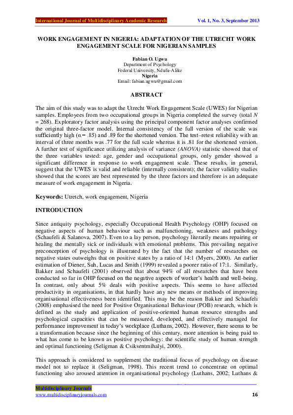 (PDF) WORK ENGAGEMENT IN NIGERIA: ADAPTATION OF THE UTRECHT WORK ...