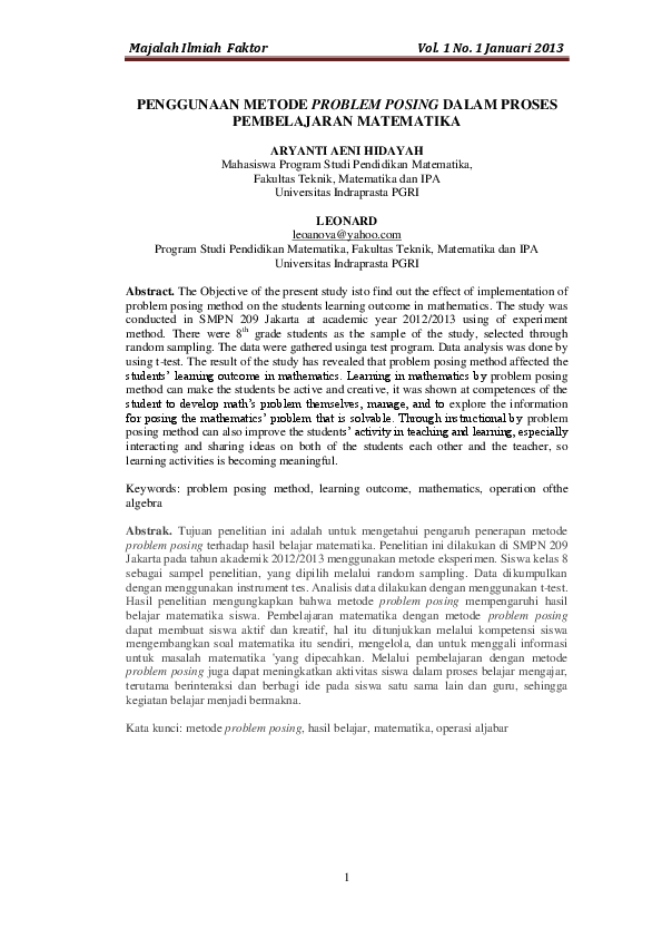 (PDF) PENGGUNAAN METODE PROBLEM POSING DALAM PROSES PEMBELAJARAN MATEMATIKA