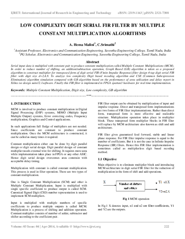 Pdf Low Complexity Digit Serial Fir Filter By Multiple Constant Multiplication Algorithms