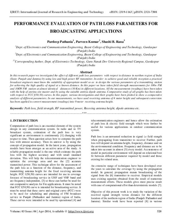 Pdf Performance Evaluation Of Path Loss Parameters For Broadcasting Applications
