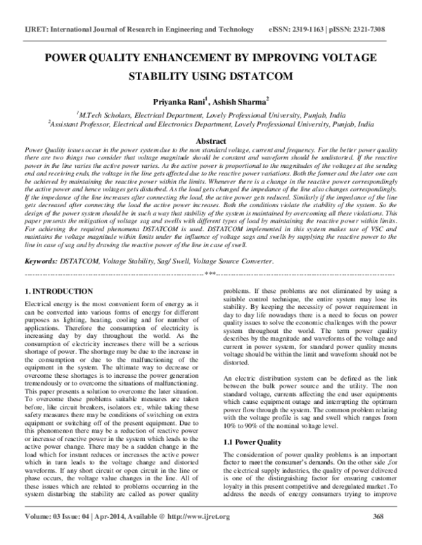(PDF) POWER QUALITY ENHANCEMENT BY IMPROVING VOLTAGE STABILITY USING DSTATCOM