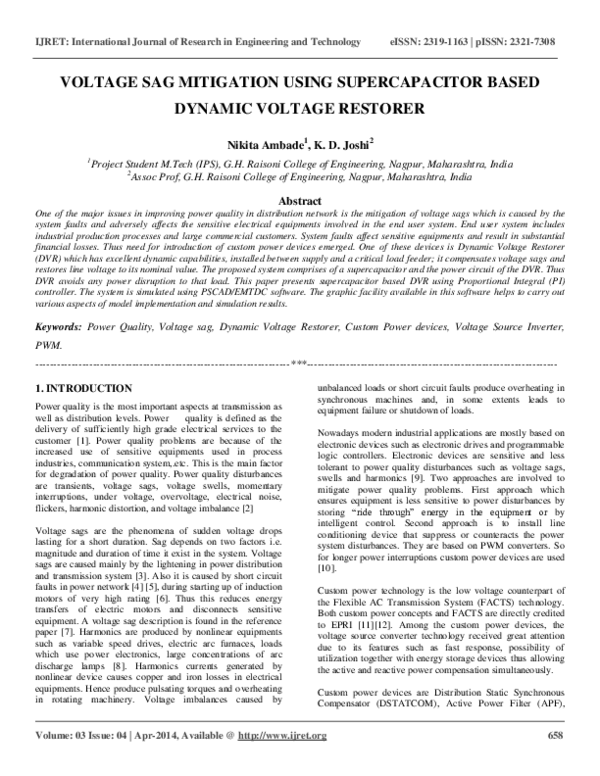 Pdf Voltage Sag Mitigation Using Supercapacitor Based Dynamic Voltage Restorer 