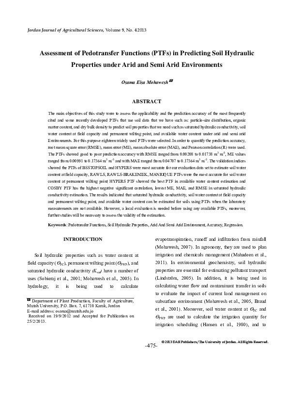 (PDF) The Current status of pedotransfer functions: Their accuracy, reliability, and utility in ...