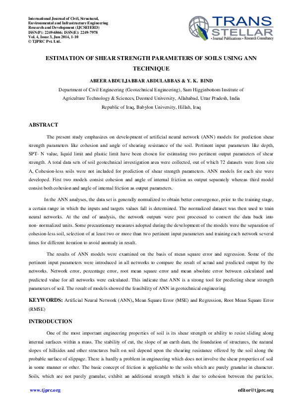 (PDF) ESTIMATION OF SHEAR STRENGTH PARAMETERS OF SOILS USING ANN TECHNIQUE