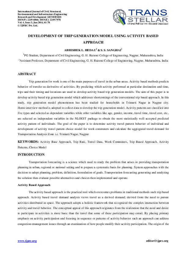 Pdf Development Of Trip Generation Model Using Activity Based Approach