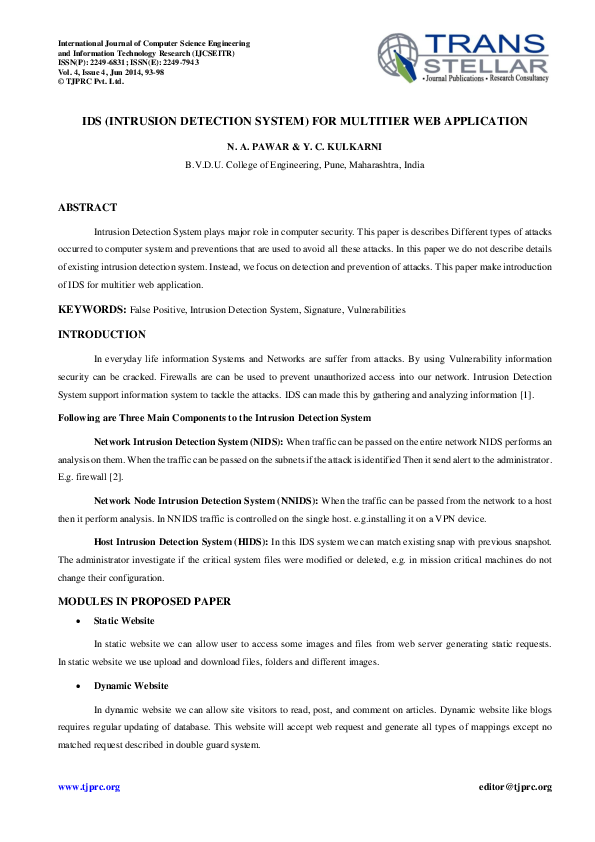 (PDF) IDS (INTRUSION DETECTION SYSTEM) FOR MULTITIER WEB APPLICATION | TJPRC Publication ...