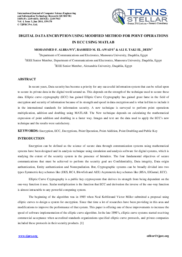 (PDF) DIGITAL DATA ENCRYPTION USING MODIFIED METHOD FOR POINT OPERATIONS IN ECC USING MATLAB
