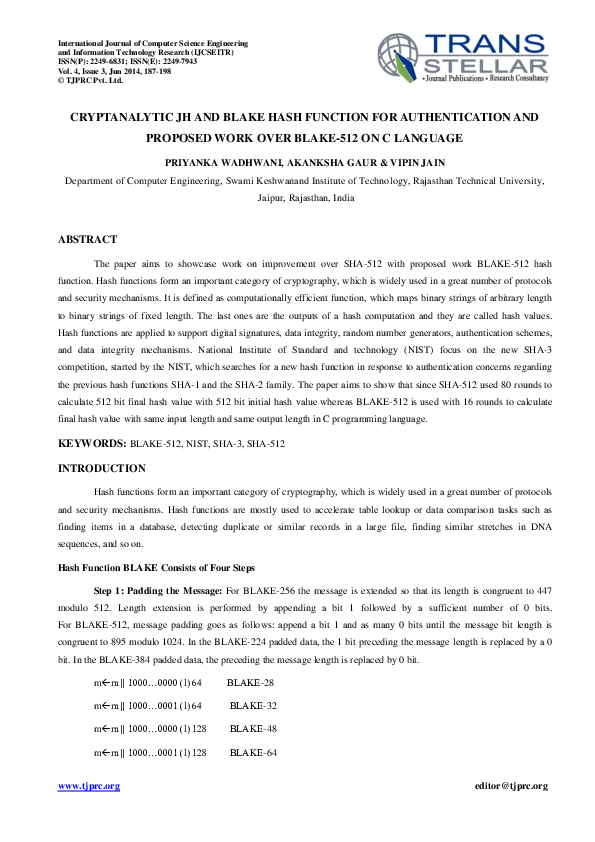 (PDF) CRYPTANALYTIC JH AND BLAKE HASH FUNCTION FOR AUTHENTICATION AND ...